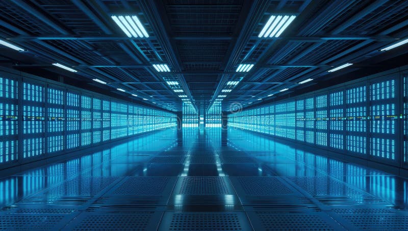 A Server Room Packed with Numerous Servers and Illuminated by Blue ...