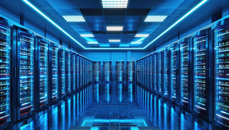 A Server Room Packed with Numerous Servers and Illuminated by Blue ...