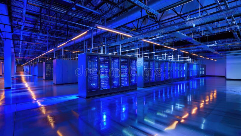 A Server Room Packed with Numerous Servers and Illuminated by Blue ...