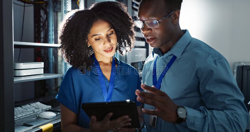 Server Room, People and Digital Tablet for Inspection, Maintenance and ...
