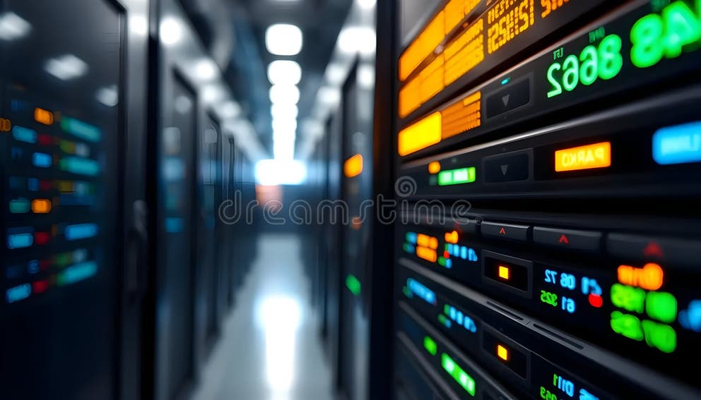 Server Room with a Perspective Down a Data Center Corridor Stock Image ...