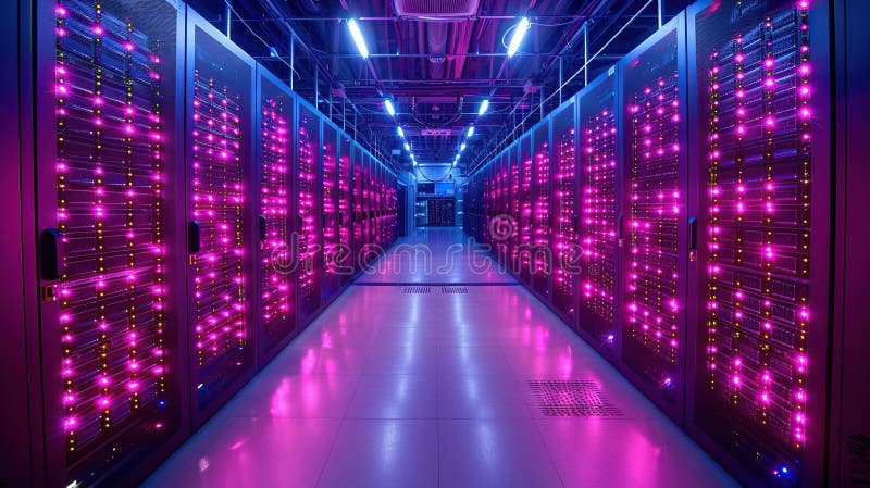 Server Room with Pink Lights Stock Illustration - Illustration of data ...
