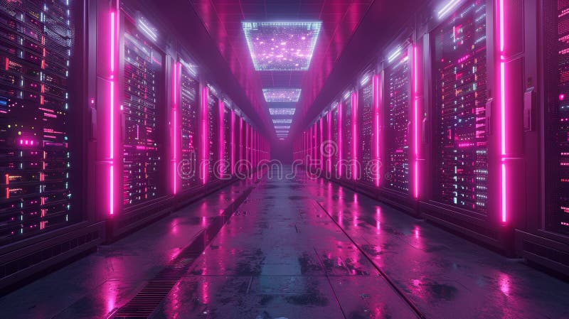 Server Room with Pink Neon Lights, Futuristic Data Center Interior ...