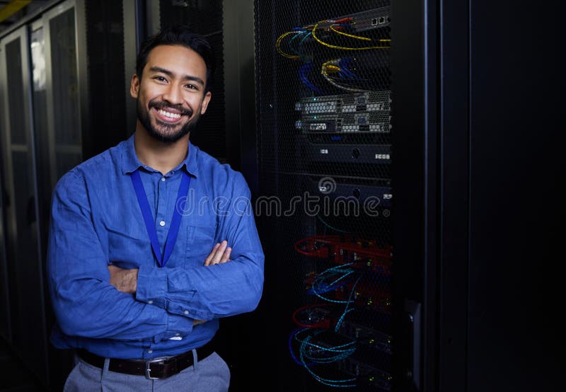 Server Room, Portrait or Happy Male Developer for Online Cybersecurity ...