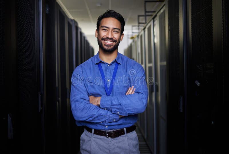 Server Room, Portrait or Happy Man for Online Cybersecurity Glitch ...