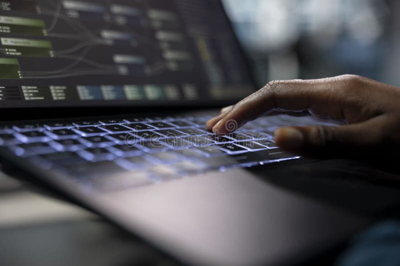 Server Room Programmer Coding on Laptop, Typing on Keyboard, Close Up ...