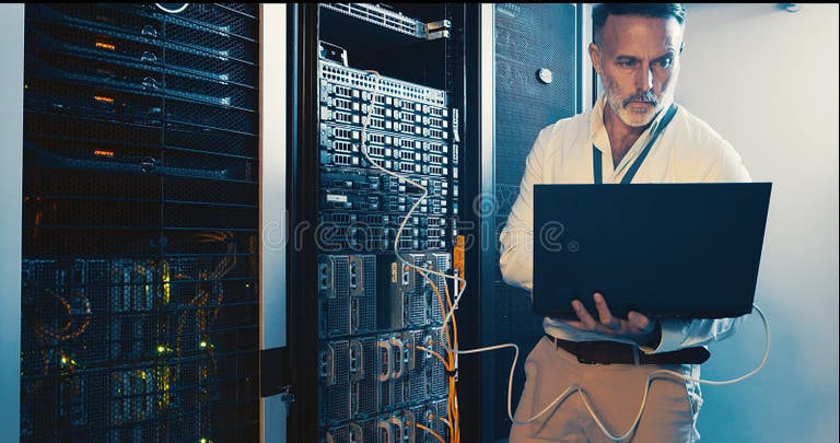 Server Room, Programmer and Man with Laptop, Tech Upgrade and Hardware Problem Solving. it ...