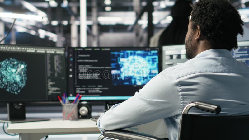 Server Room Programmer with Paraplegia Interprets AI Data Analytics Graphs Stock Video - Video ...