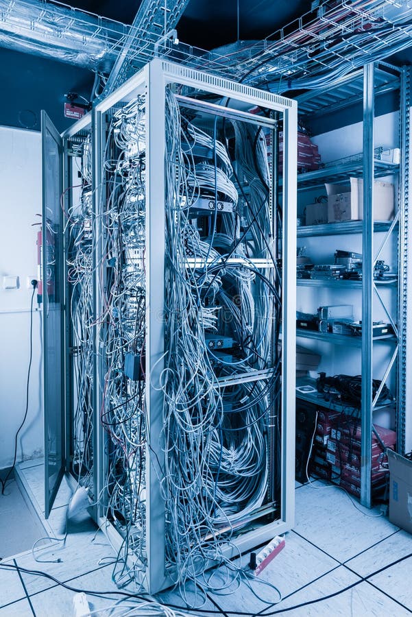 Server Room Rack with Tangled Network Cables Creating Messy Unti Stock ...