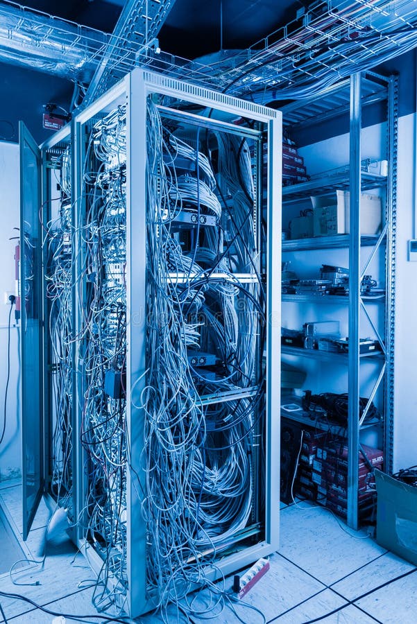 Server Room Rack with Tangled Network Cables Creating Messy Unti Stock ...