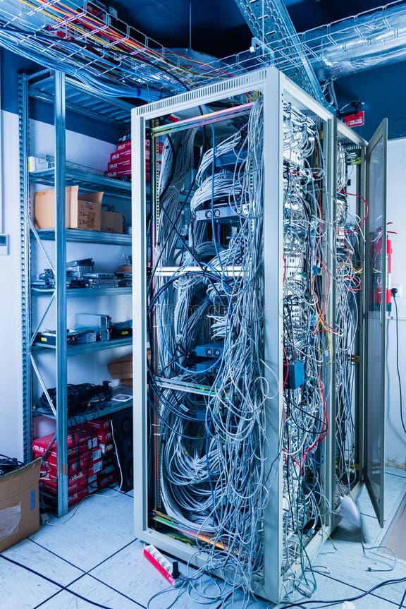 Server Room Rack with Tangled Network Cables Creating Messy Unti Stock ...