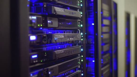 Server Room Racks Data Storage Processing Power with Illuminated Blue ...