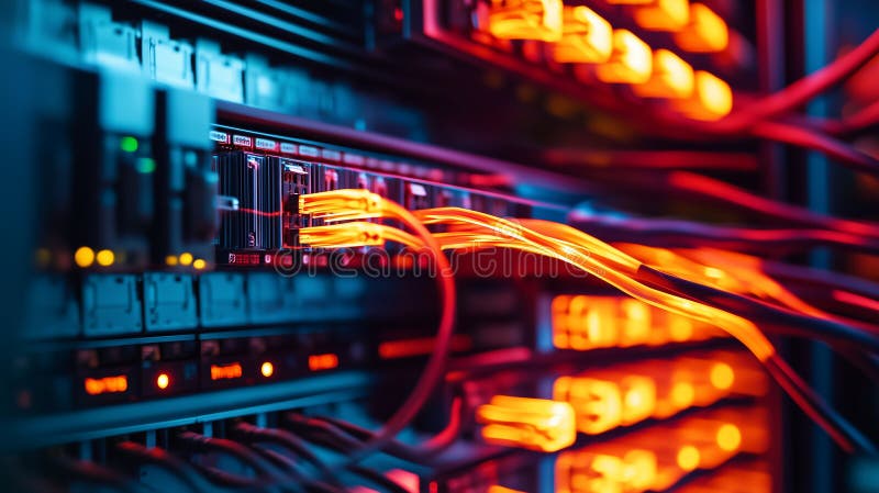 A Server Room with Racks of Network Equipment and Glowing LED ...