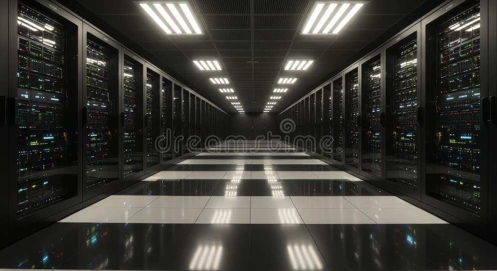 Server Room with Racks and Tiled Floor Under Fluorescent Lights Stock ...