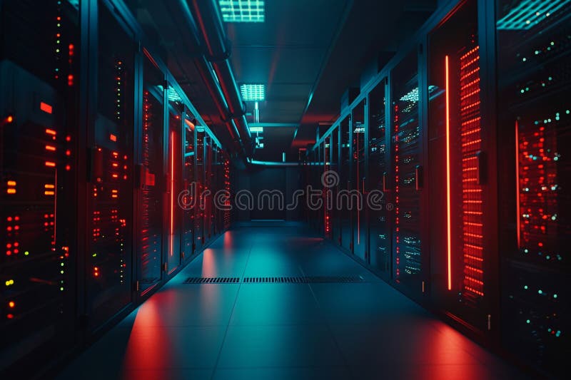 Server Room with Red and Blue Lights Stock Illustration - Illustration ...