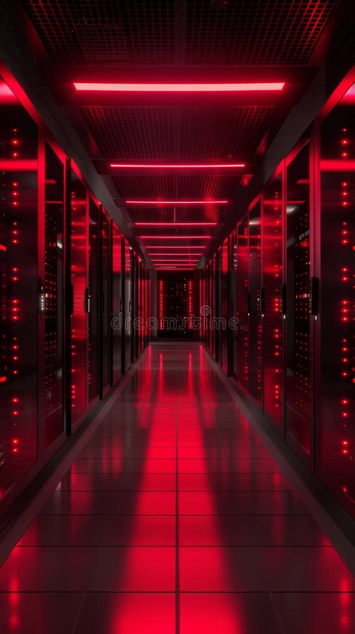 Server Room with Red Led Lighting and Reflective Floor, Technology ...