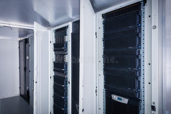 Server Room with a Row of Server Racks Stock Image - Image of data ...