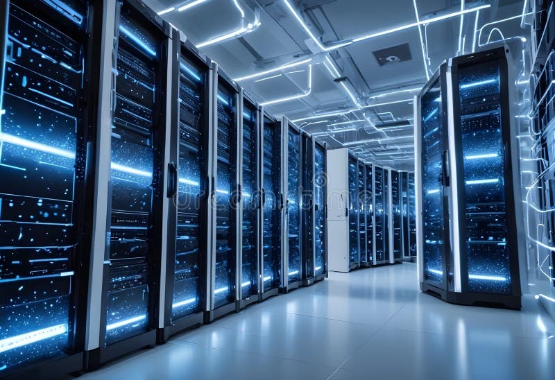 A Server Room with Rows of Active Servers Illuminated by Blue Light ...