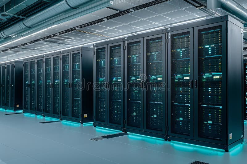 Server Room with Rows of Black Server Racks with Blinking Lights Stock ...