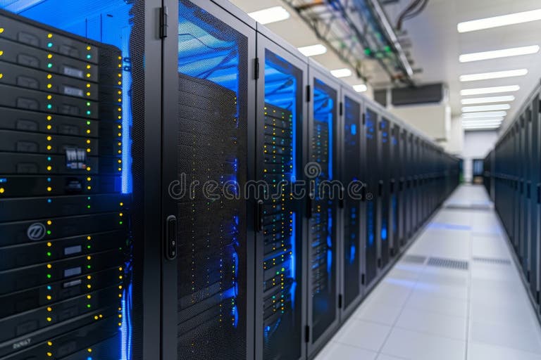 Server Room with Rows of Black Server Racks with Blinking Lights Stock ...