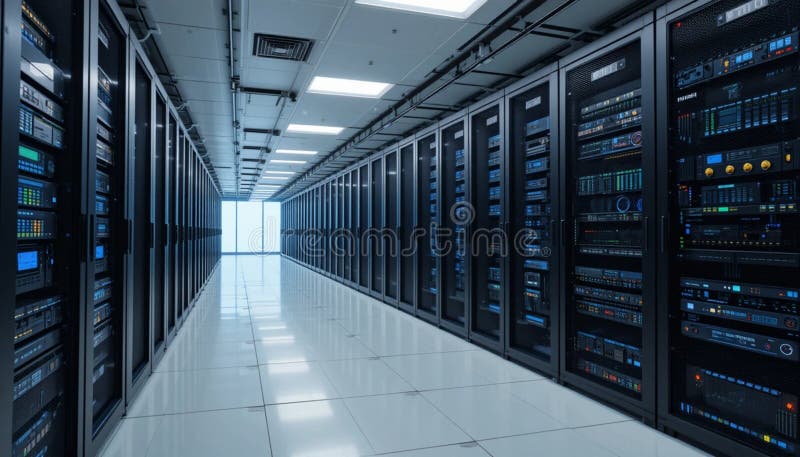 Server Room with Rows of Black Server Racks Housing Network Equipment ...