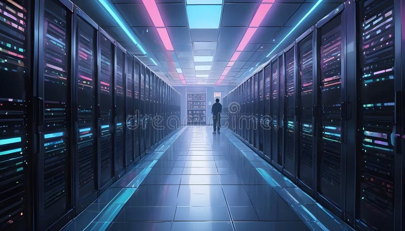 Server Room with Rows of Black Servers and Neon Lights Stock Vector ...