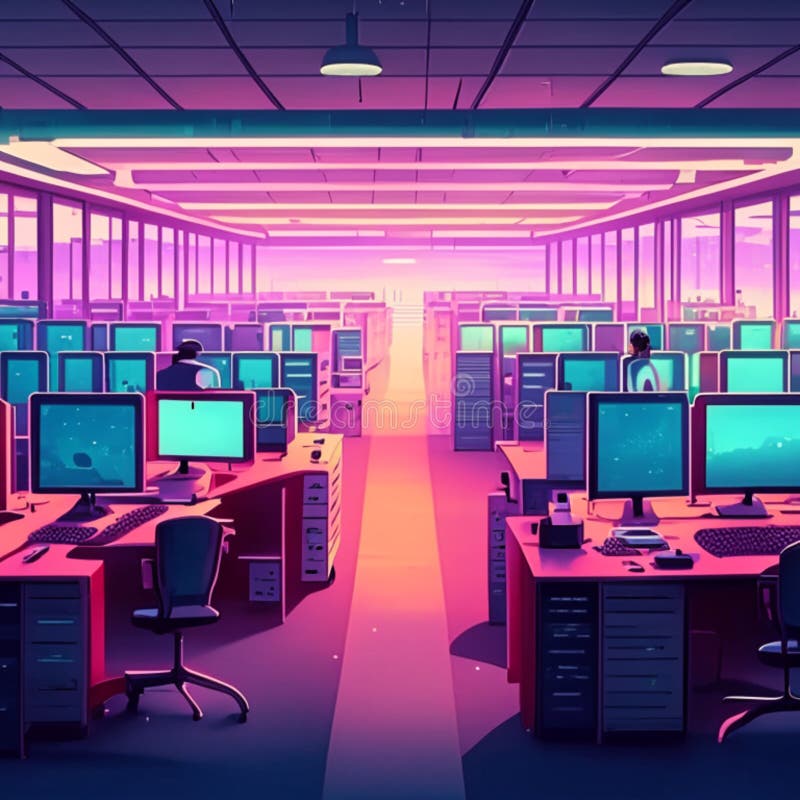 Server Room with Rows of Computer Monitors, 3d Render Illustration. AI ...