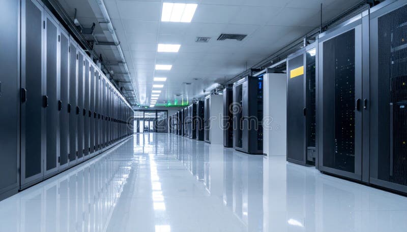 Server Room with Rows of Computer Racks in Data Center with Lights and ...