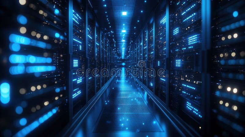 Server Room with Rows of Computer Racks Glowing Blue. Data Center ...