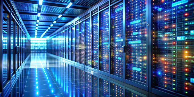 Server Room with Rows of Illuminated Racks, 3D Illustration, Technology ...