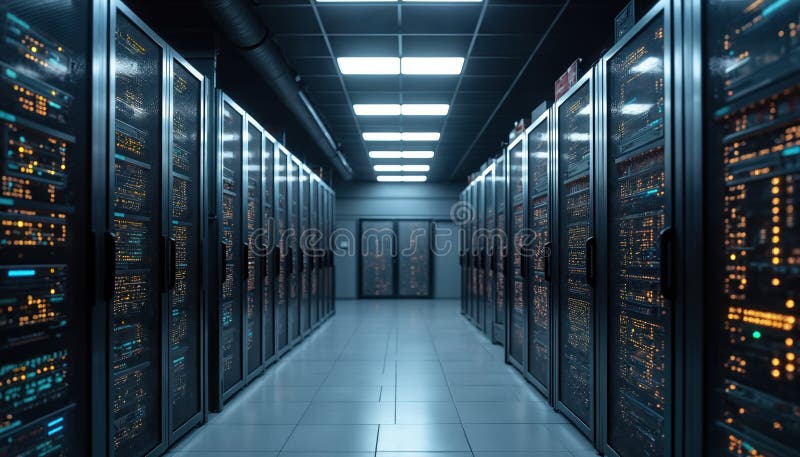 Server Room with Rows of Modern Servers. Data Center Interior. High ...