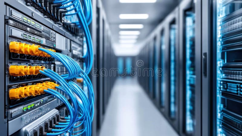 A Server Room with Rows of Server Racks and Blue Network Cables is ...