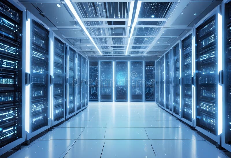 Server Room with Rows of Server Racks, Illuminated with Blue Lights ...