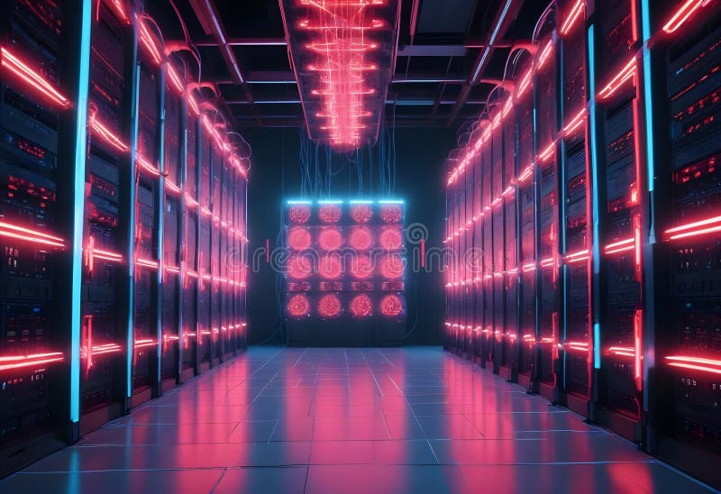 Server Room with Rows of Server Racks Illuminated by Pink and Blue Neon ...