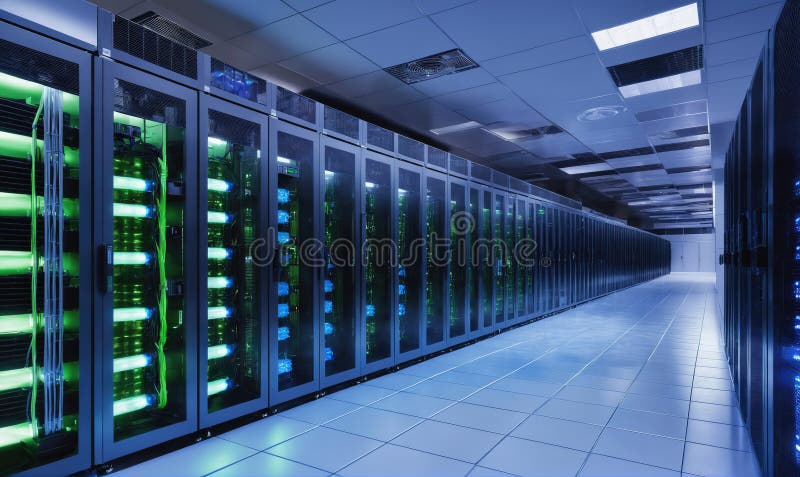 A Server Room with Rows of Racks of Servers in a Data Center Stock ...