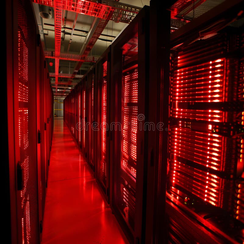 Server Room with Rows of Server Racks Lit with Red Lights Stock ...