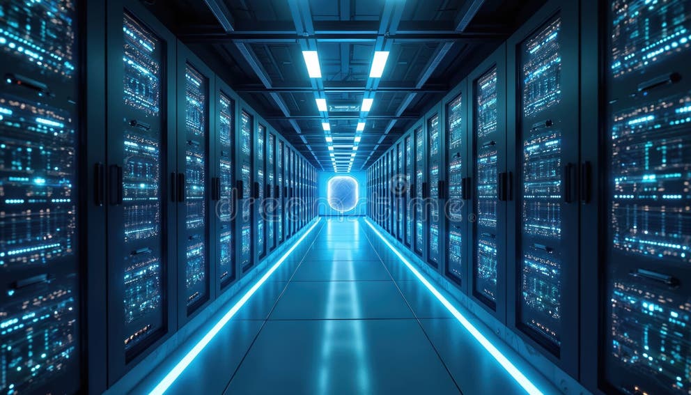 Server Room Rows of Servers, Enhanced with AI Technology. Network ...