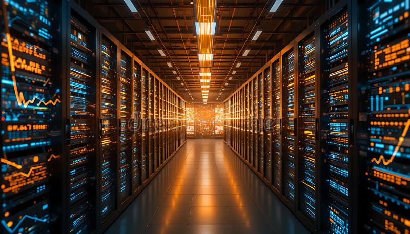 A Server Room with Rows of Servers and Glowing Lights Running Along the ...