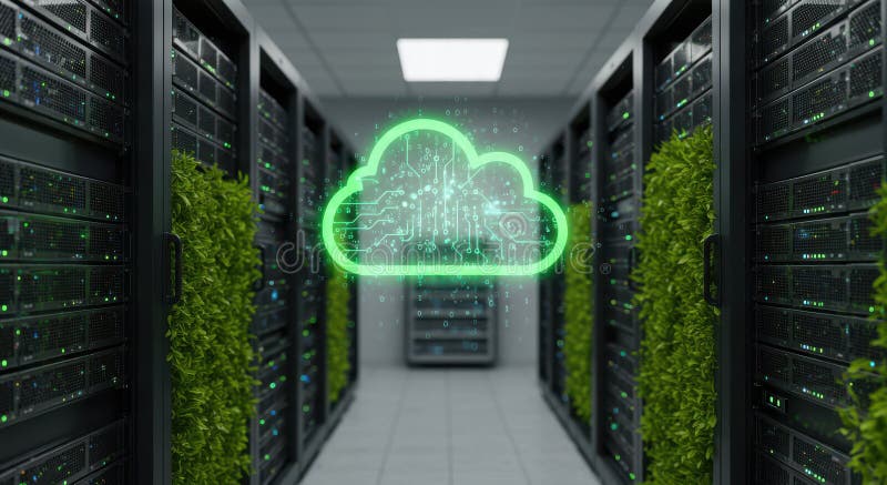 A Server Room with Rows of Servers and a Green Cloud Symbol in the ...