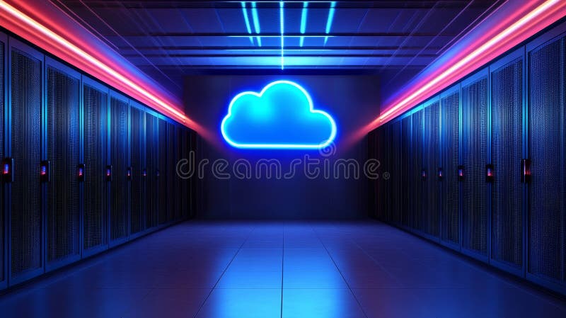 A Server Room with Rows of Servers Illuminated by Blue Neon Lights ...