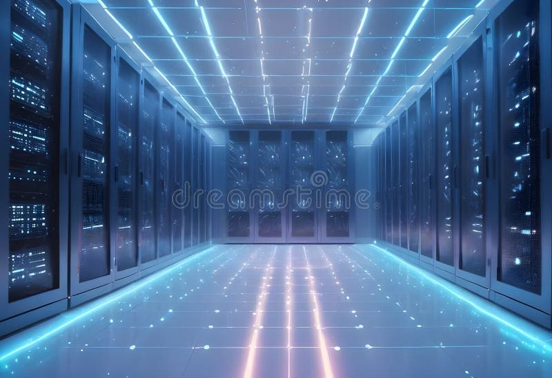 A Server Room with Rows of Servers Illuminated by Blue and Pink Neon ...