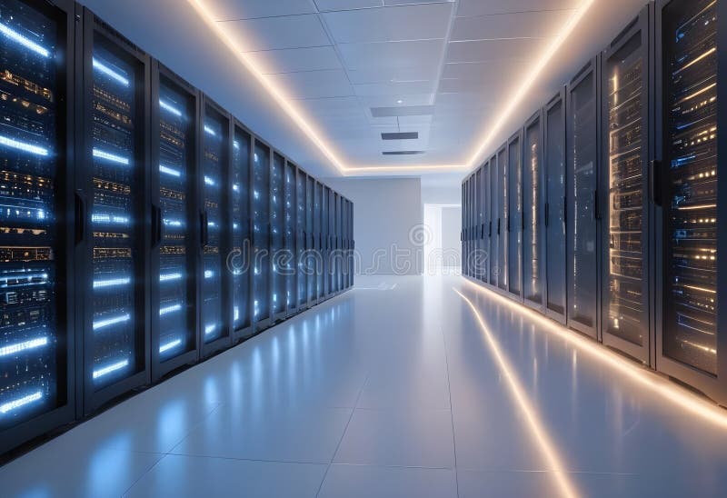 A Server Room with Rows of Servers Illuminated by Bright Lights. the ...