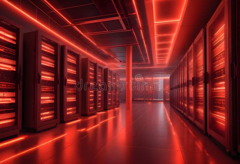 A Server Room with Rows of Servers Illuminated by Red Neon Lights. the ...
