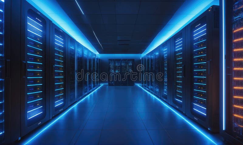 A Server Room with Rows of Servers Lit by Blue Lights Stock Image ...