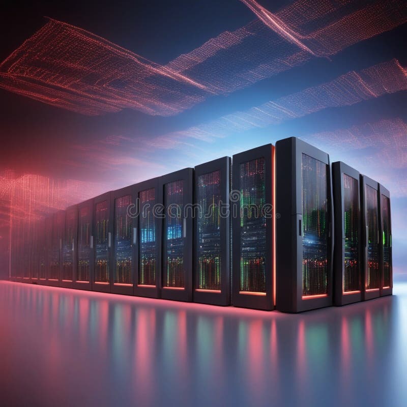 A Server Room with Rows of Servers Lit with Red and Blue Lights ...