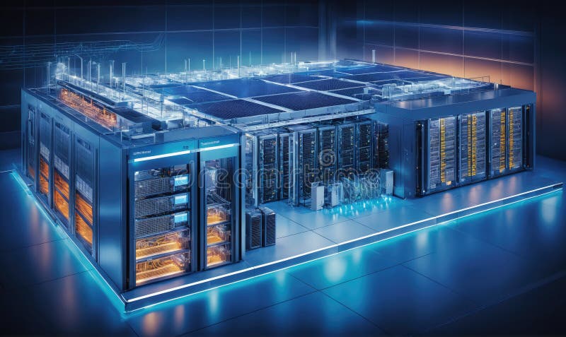 A Server Room with Rows of Servers Lit Up by Blue Lights Stock Image ...