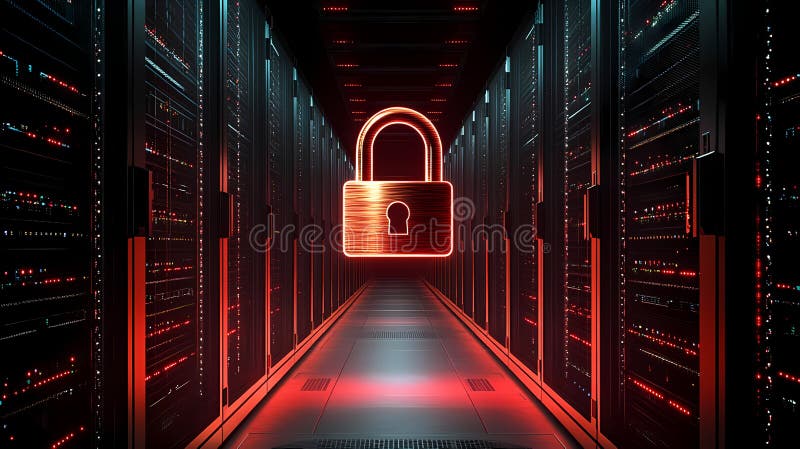 Server Room Security, Glowing Padlock Protecting Network Servers Stock ...