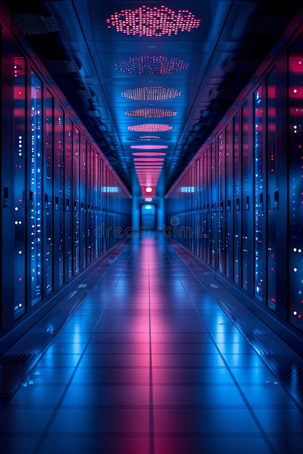 A Server Room with Server Racks in the Dark, in the Style of Light ...