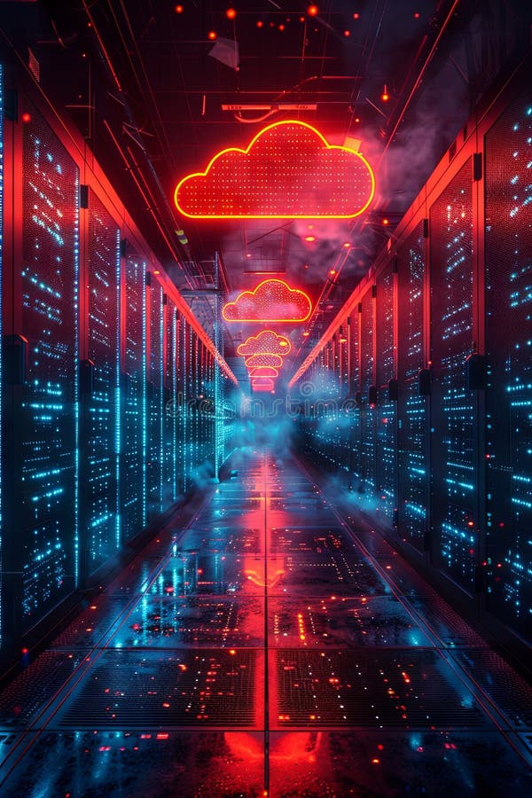 A Server Room with Server Racks in the Dark, in the Style of Light ...