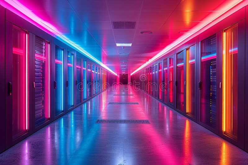 A Server Room with Server Racks in the Dark, in the Style of Light ...